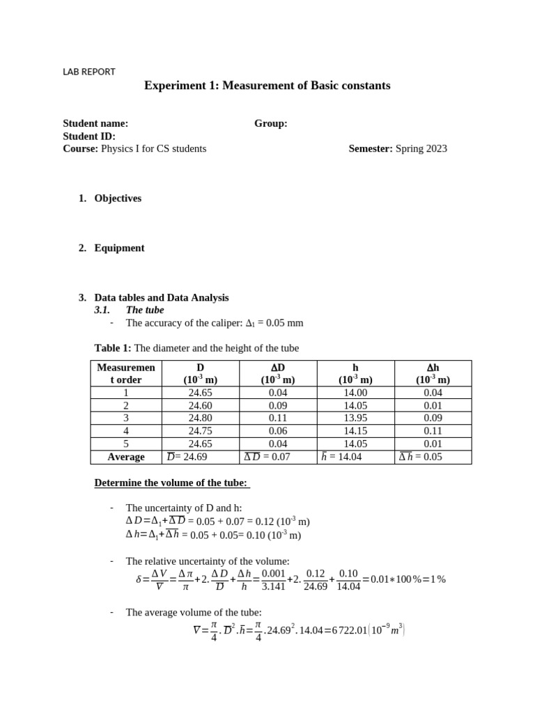 LAB REPORT 1 - Basics - Measurements | PDF | Physical Quantities | Metrology