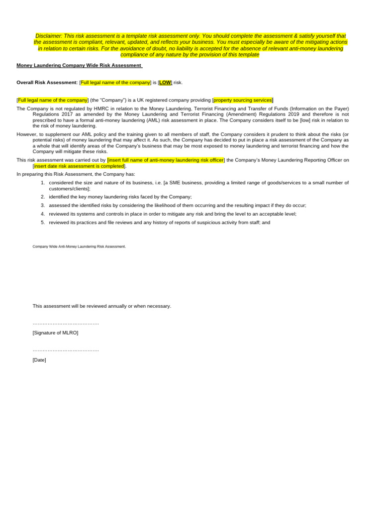 Anti Money Laundering Risk Assessment (Template) | PDF | Risk | Money ...