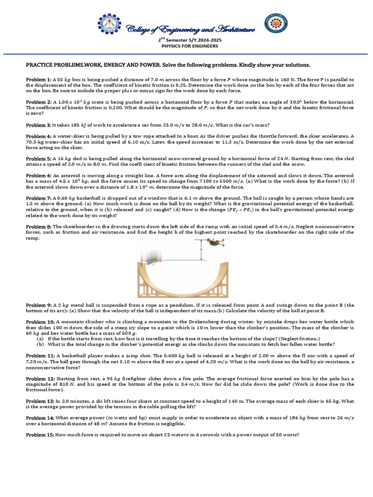 Work, Energy, and Power Practice Problems | PDF | Force | Mass