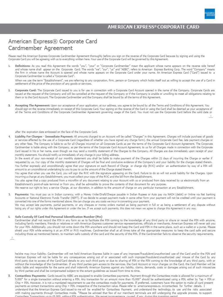 American Express Corporate Card Agreement English | PDF | Cheque | Payments