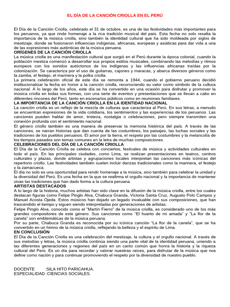 El Día de La Canción Criolla en El Perú | PDF | Perú