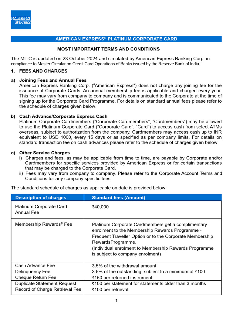 American Express Platinum Corporate Card MITC English | PDF | Credit Card | Cheque