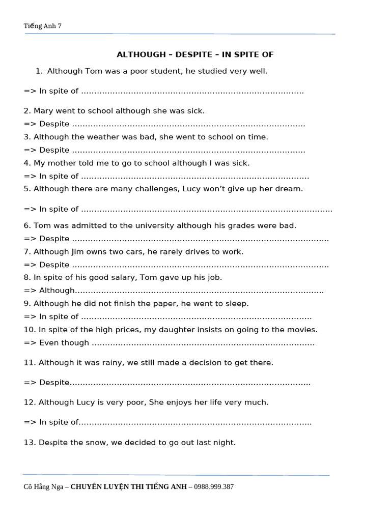 Buổi 28 - Luyện Viết Câu Với Although - in Spite of - Despite | PDF