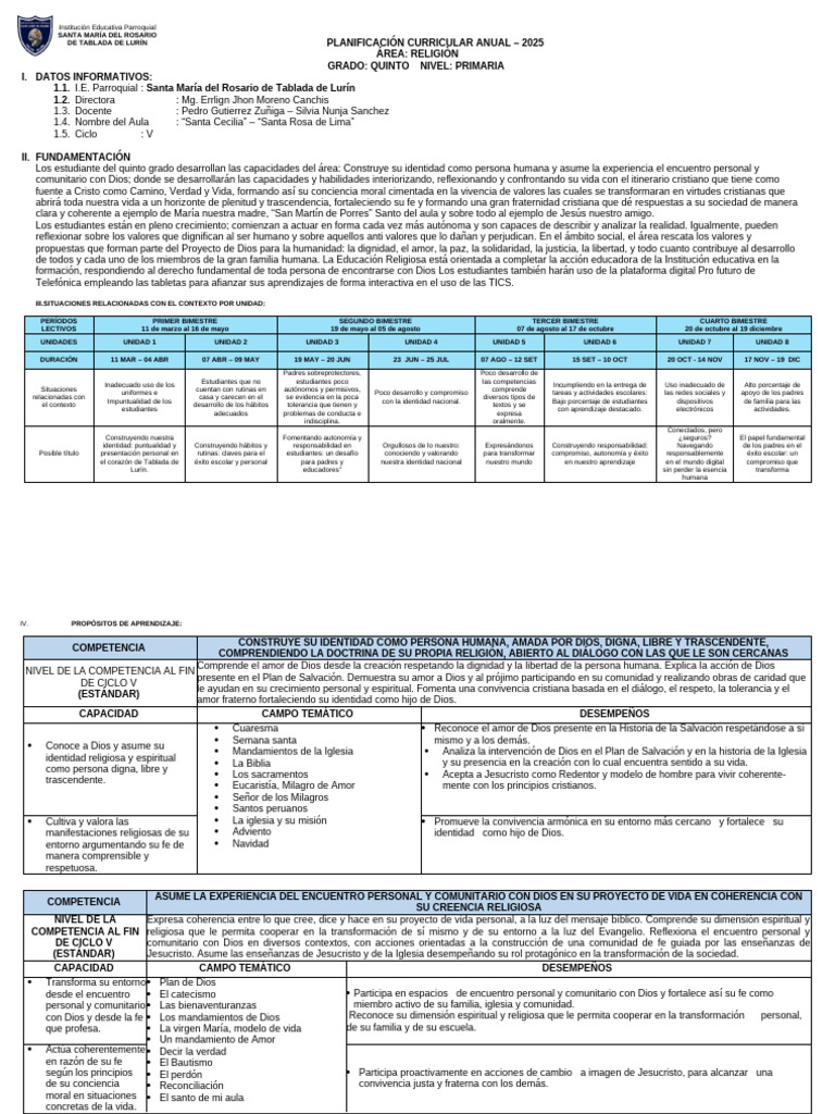 Planificación Anual 5to 2025 - Religión | PDF | Fe | Amor