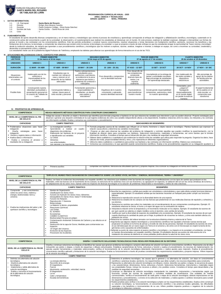 Planificacion Anual 5to - 2024 - Ciencia | PDF | Organismos | Hipótesis