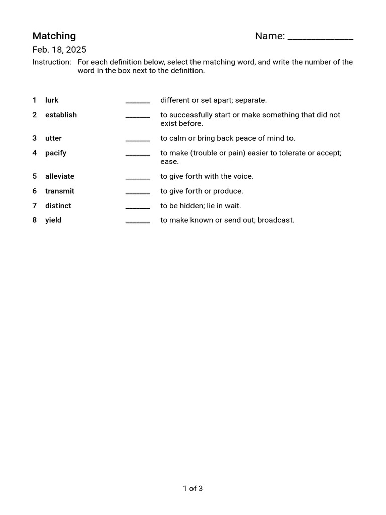 Word-Definition Matching Worksheet | PDF