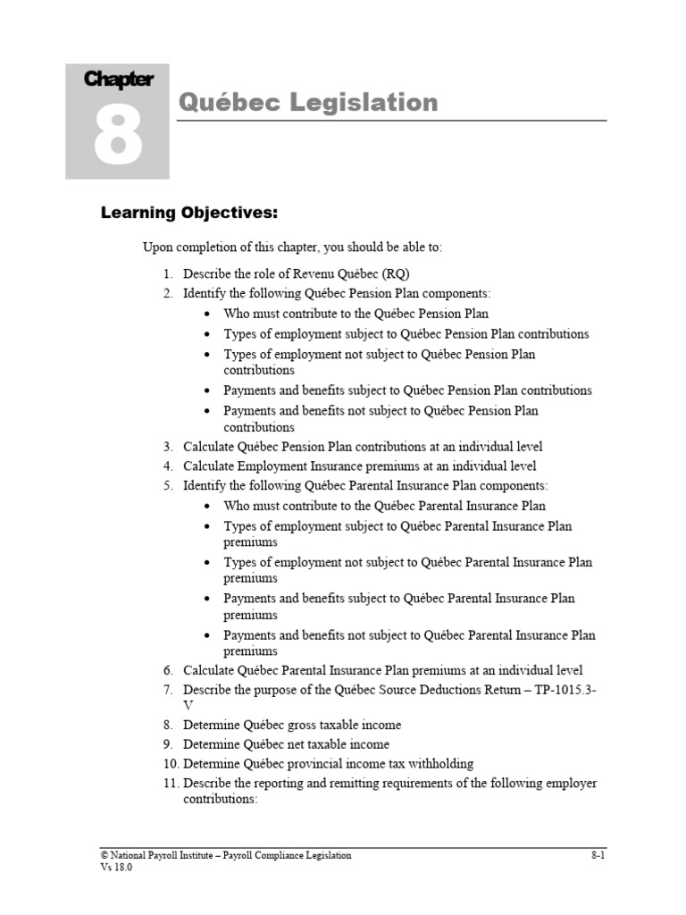 2024 PCL Chapter 8 Quebec Legislation | PDF | Employment | Payroll Tax