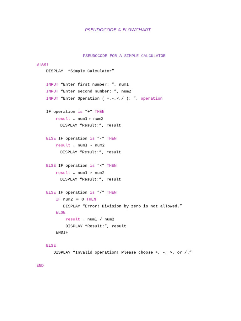 Simple Calculator Pseudocode & Flowchart | PDF
