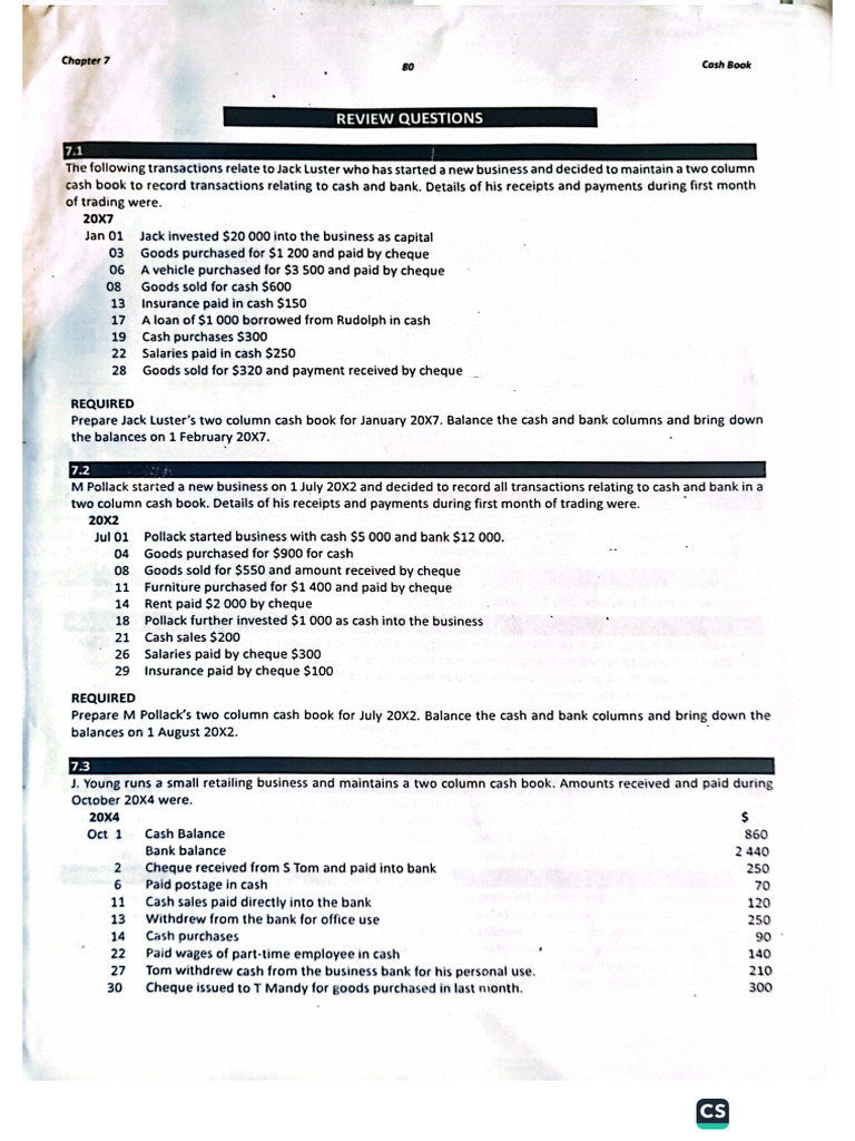 Chapter 7 Cashbook Questions | PDF