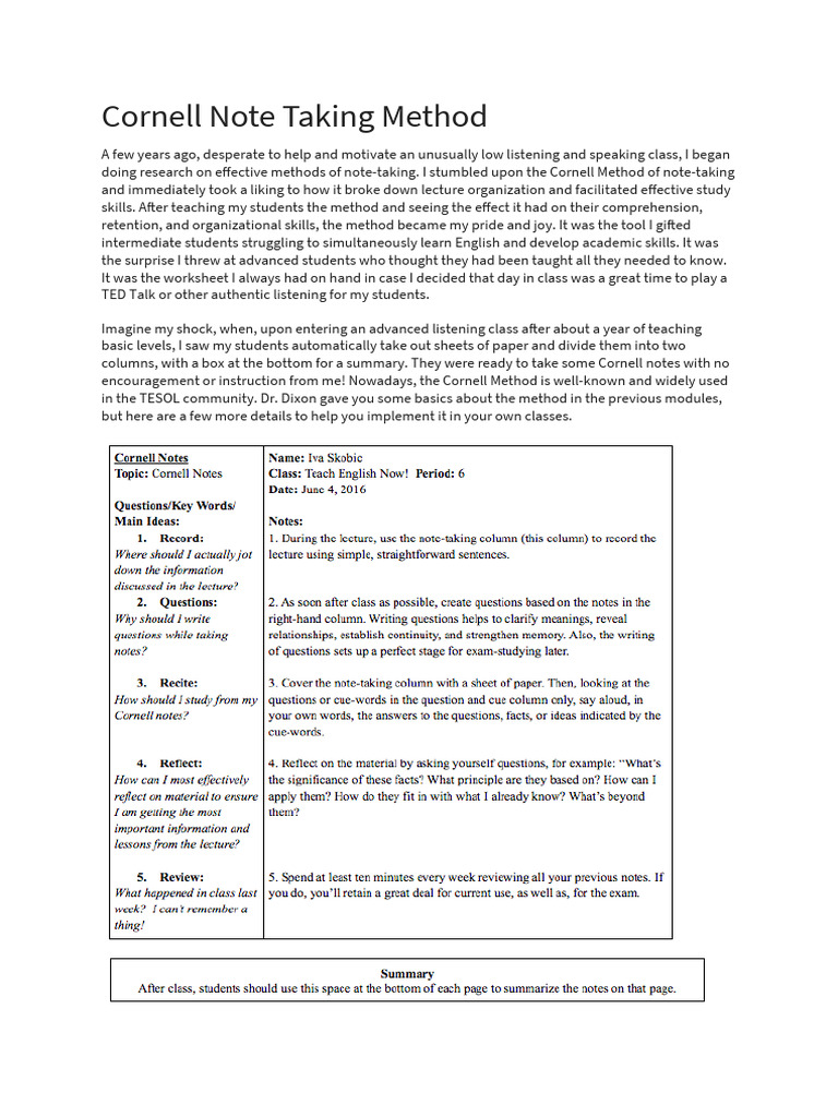 Cornell Note Taking Method | PDF