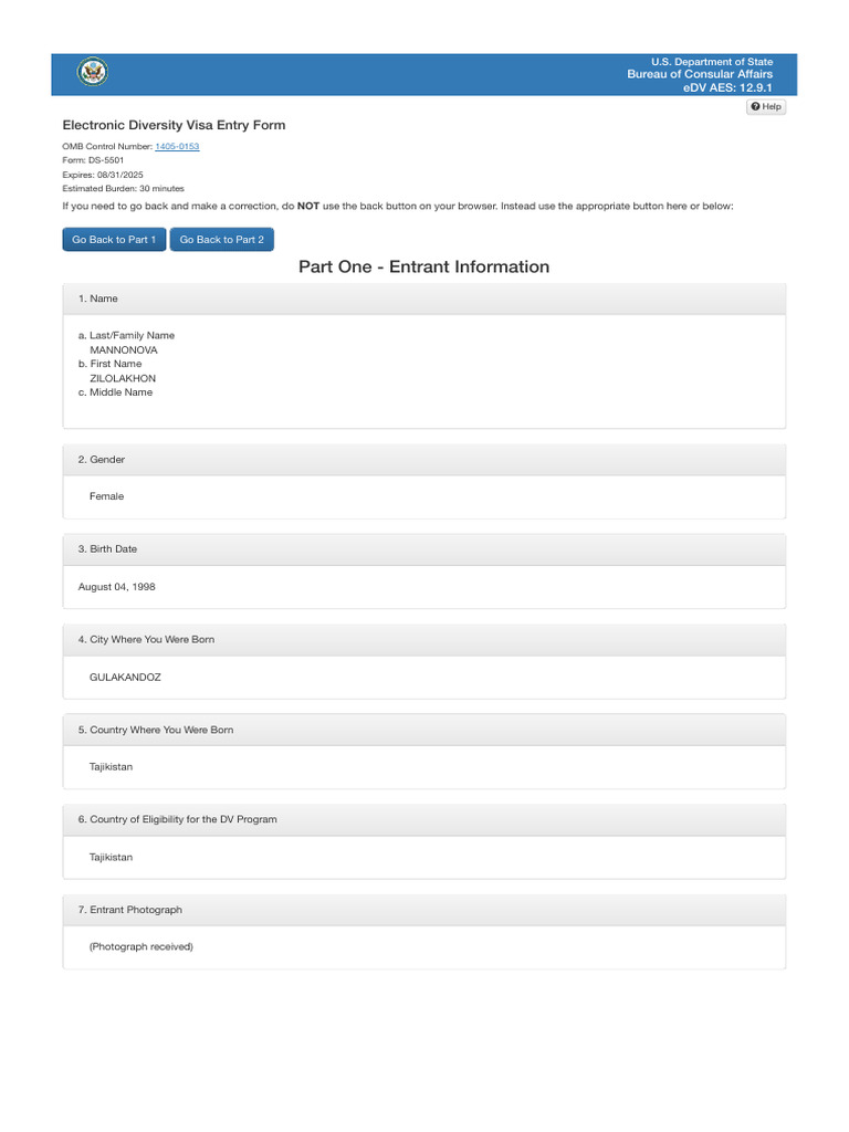 Diversity Visa Entry Form Details | PDF | Social Institutions