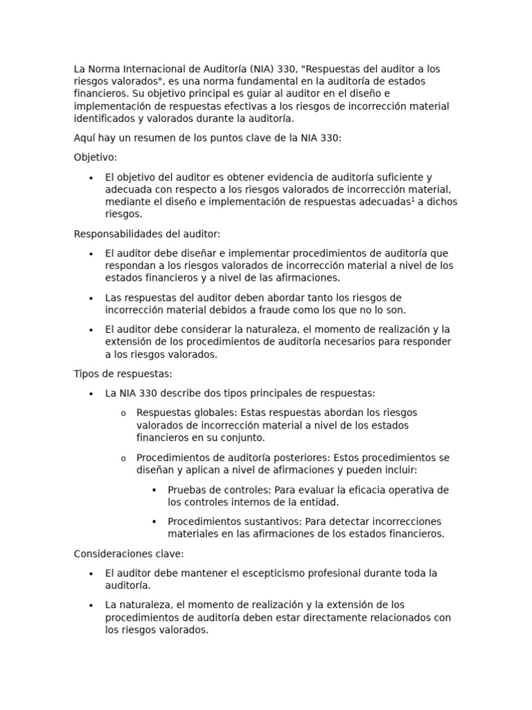 Resumen de la NIA 330: Respuestas del Auditor | PDF | Auditoría | Contralor