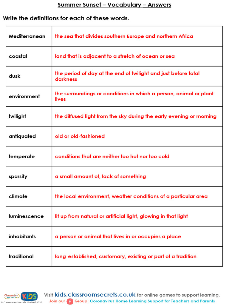 Y5 Comprehension Sunset Guidance and Answers FD | PDF
