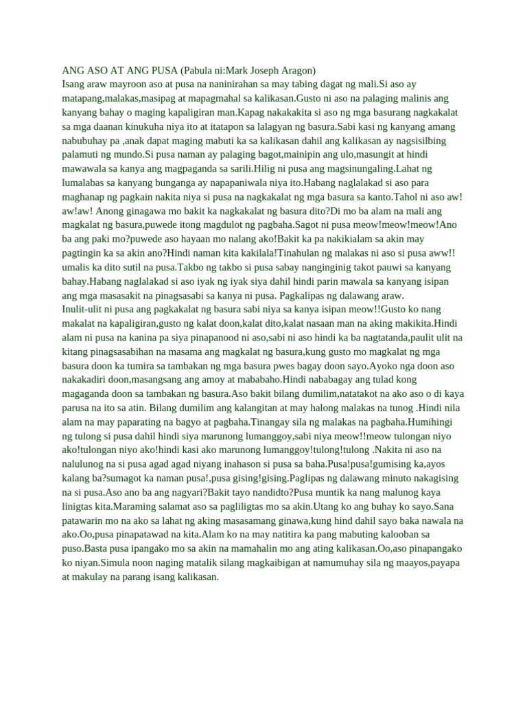 ANG ASO at ANG PUSA (Pabula Ni-Mark Joseph Aragon) | PDF