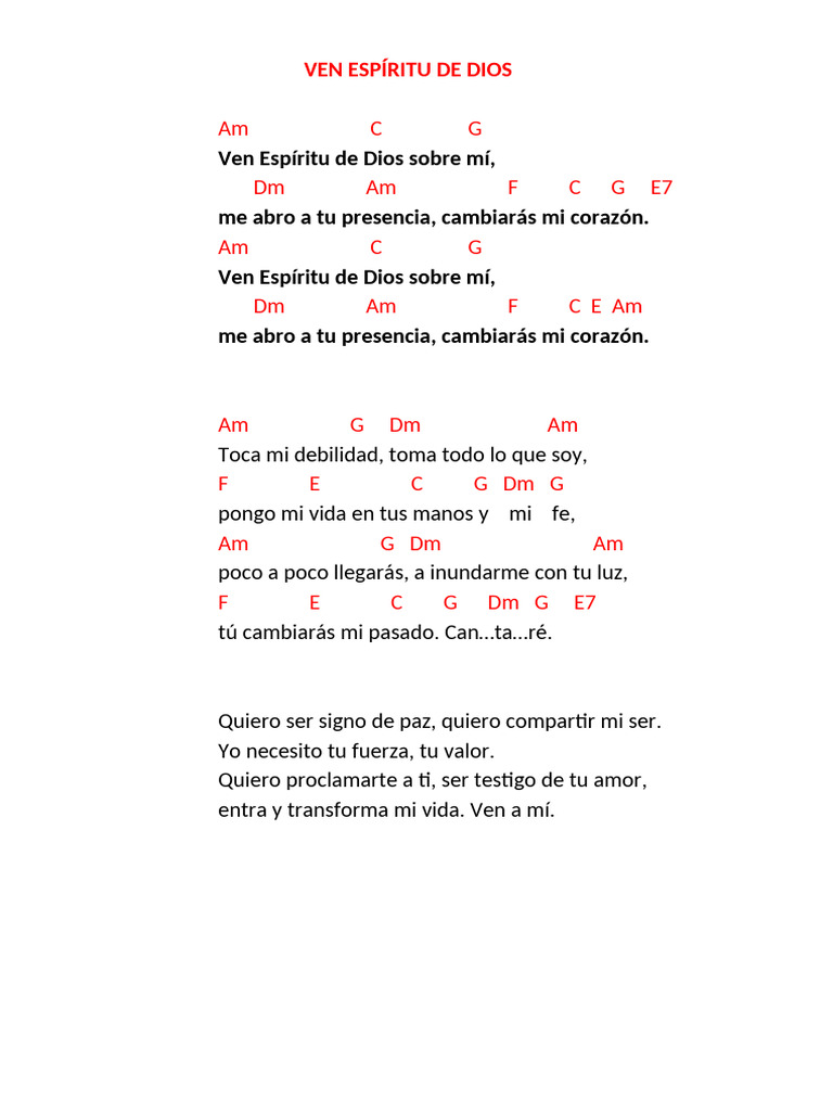 Ven Espíritu de Dios: Letra y Acordes | PDF