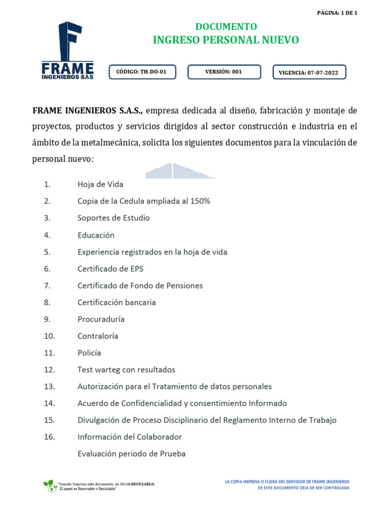 Th-Do-01 Documentos de Ingreso | PDF
