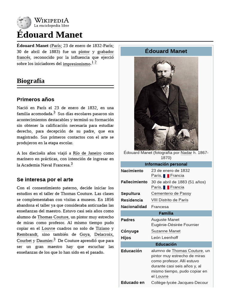 Biografía de Édouard Manet: Pintor Francés | PDF | Édouard Manet | Pinturas