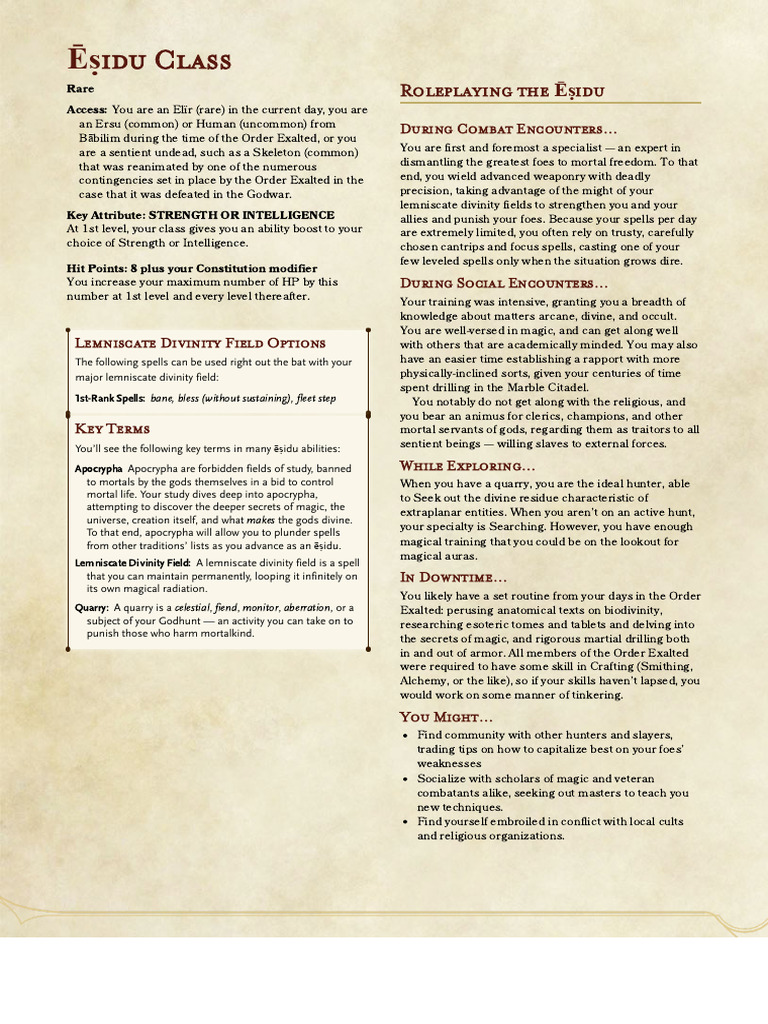 Ēṣidu Class PF2e - The Homebrewery | PDF