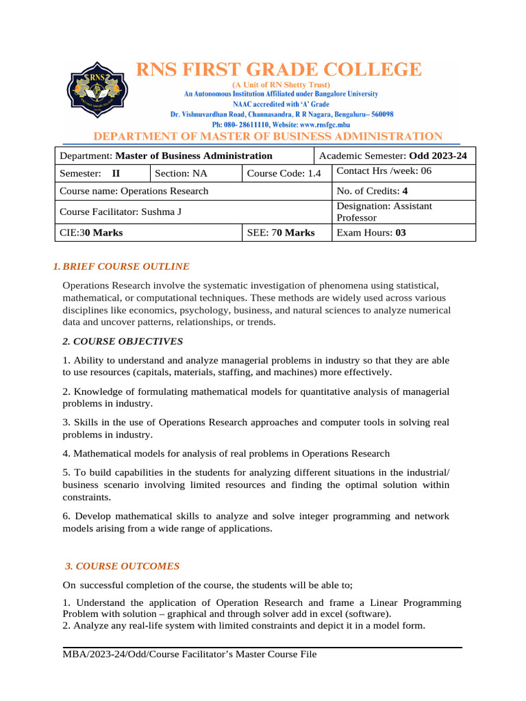Course - Plan or 2023-2024 | PDF | Operations Research | Conceptual Model