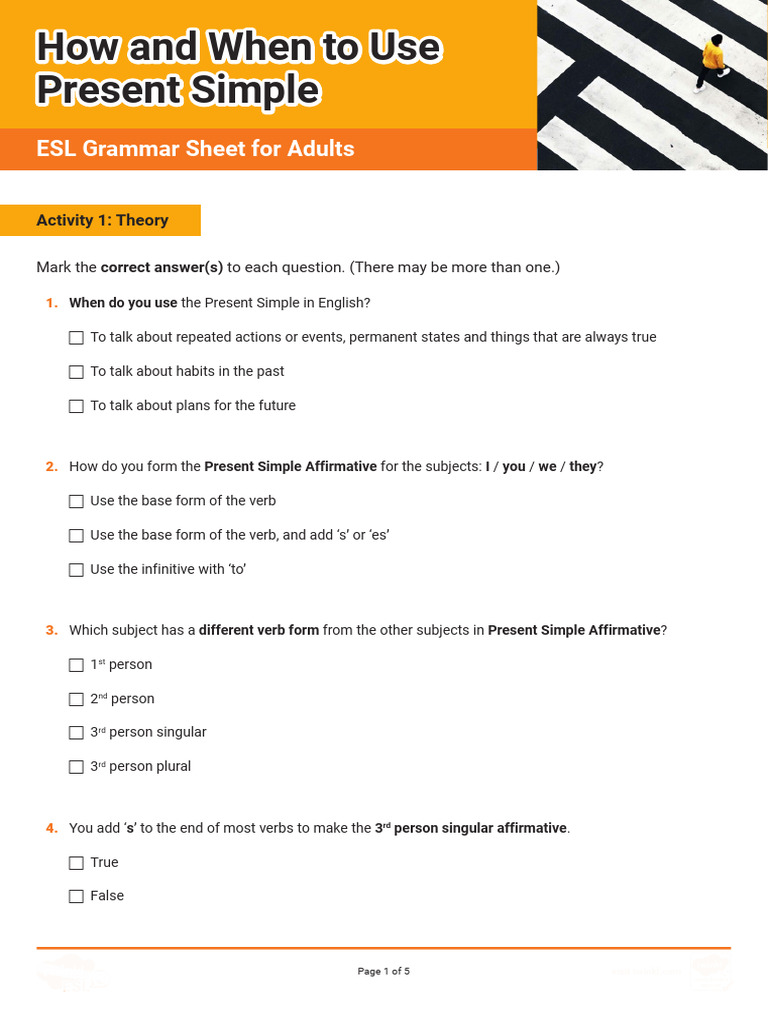 Esl How and When To Use Present Simple Worksheet Adults A1 - Ver - 2 ...