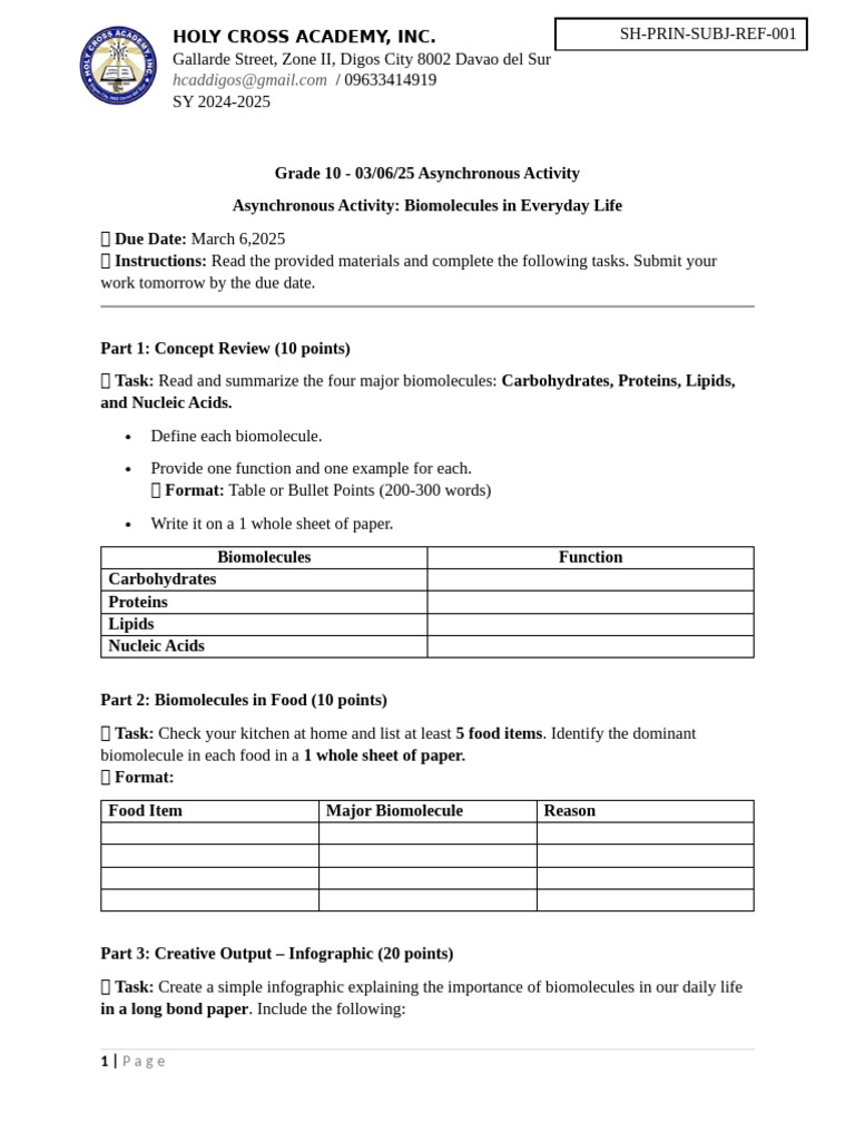 Grade-10-Asynchronous-Activity 2 | PDF | Biomolecules