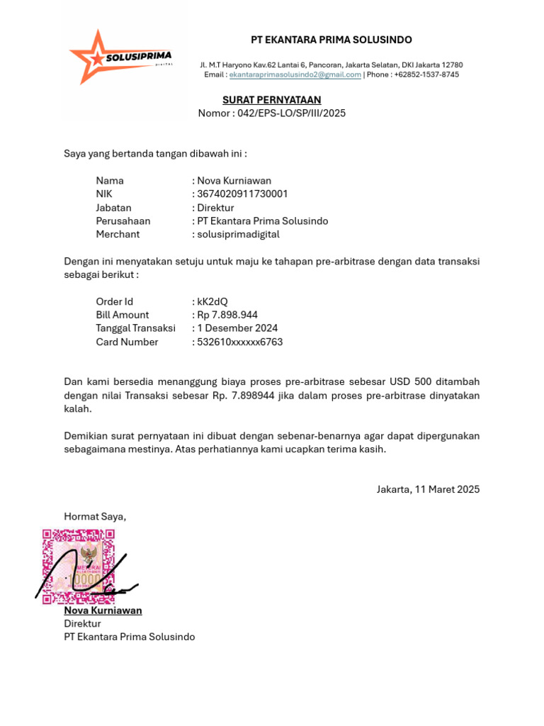 SURAT PERNYATAAN PERSETUJUAN ARBITRASE (kK2dQ) | PDF