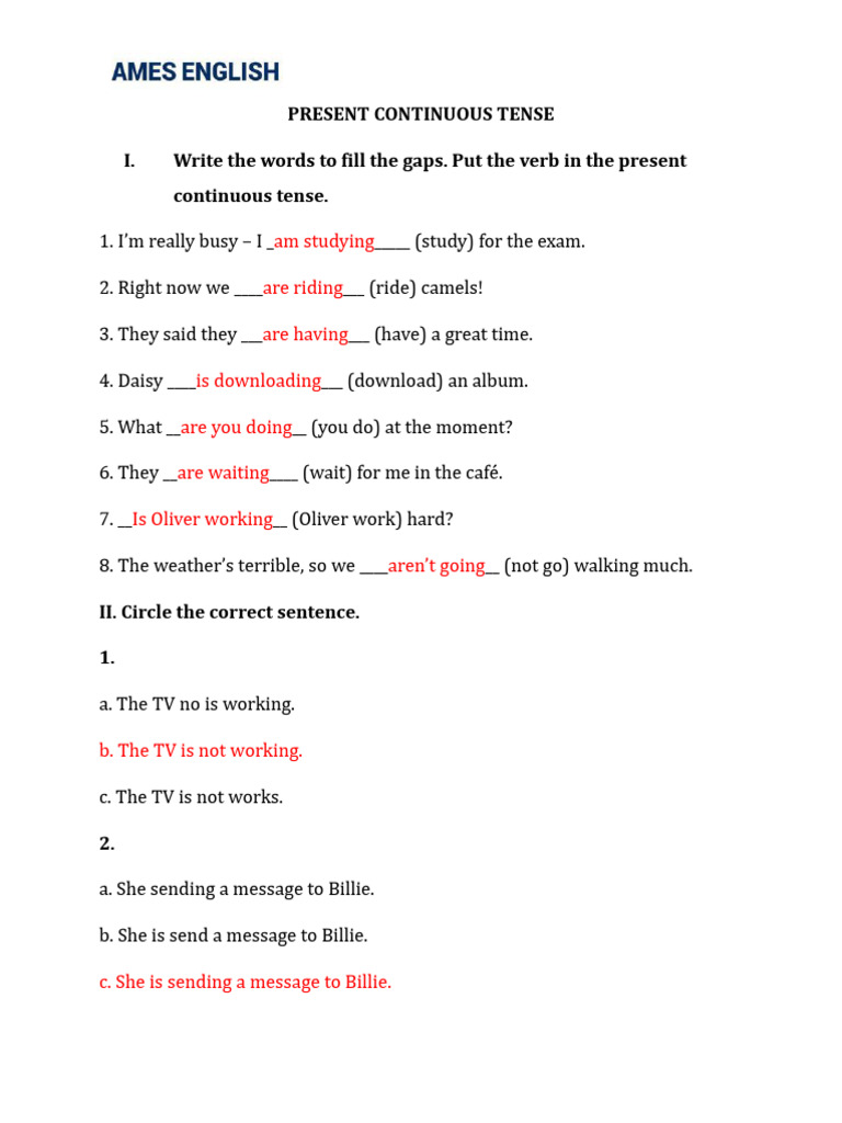 Flyers - Present Continuous WS - Key | PDF