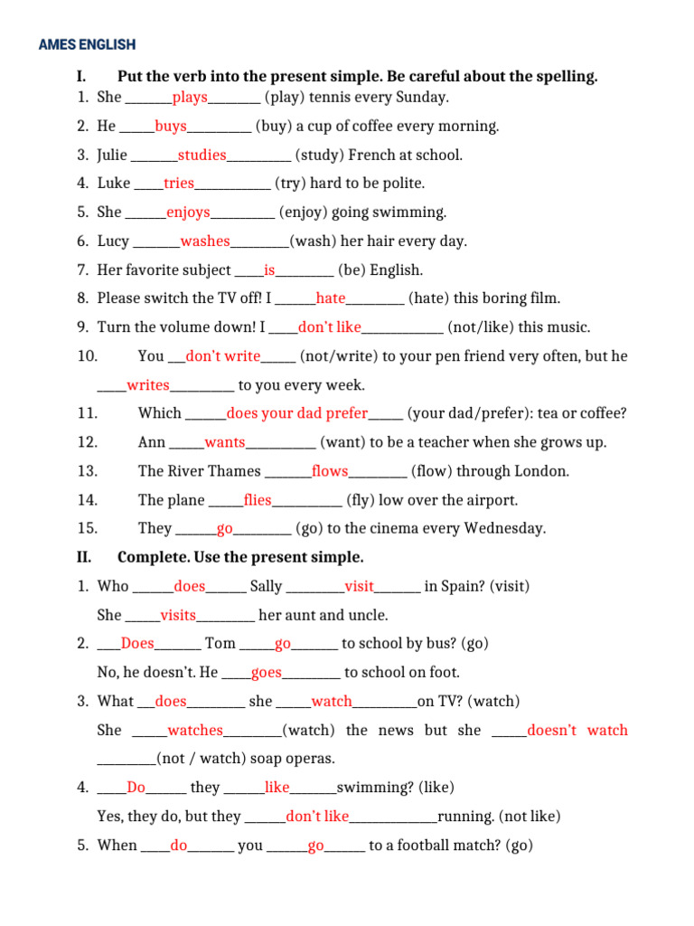 06. KET - Present Simple - Worksheet - Key | PDF