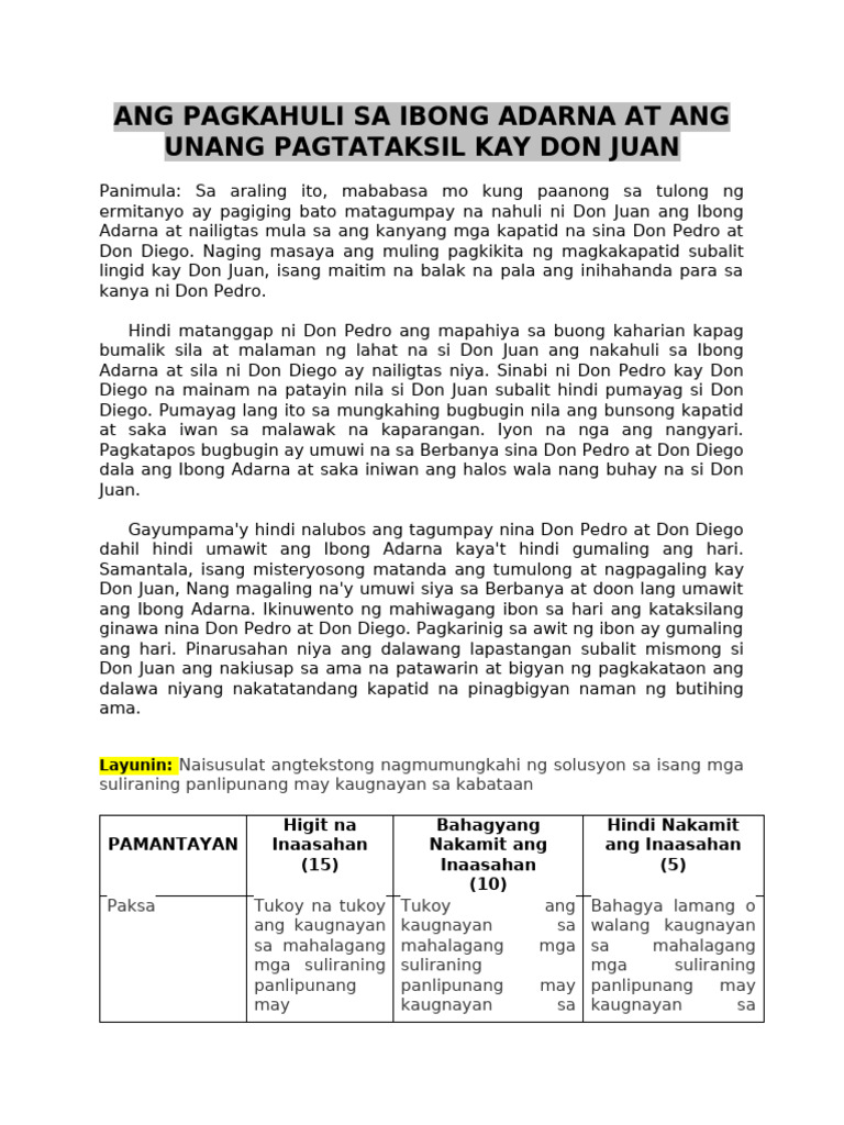 Ang Pagkahuli Sa Ibong Adarna at Ang Unang Pagtataksil Kay Don Juan g7 | PDF