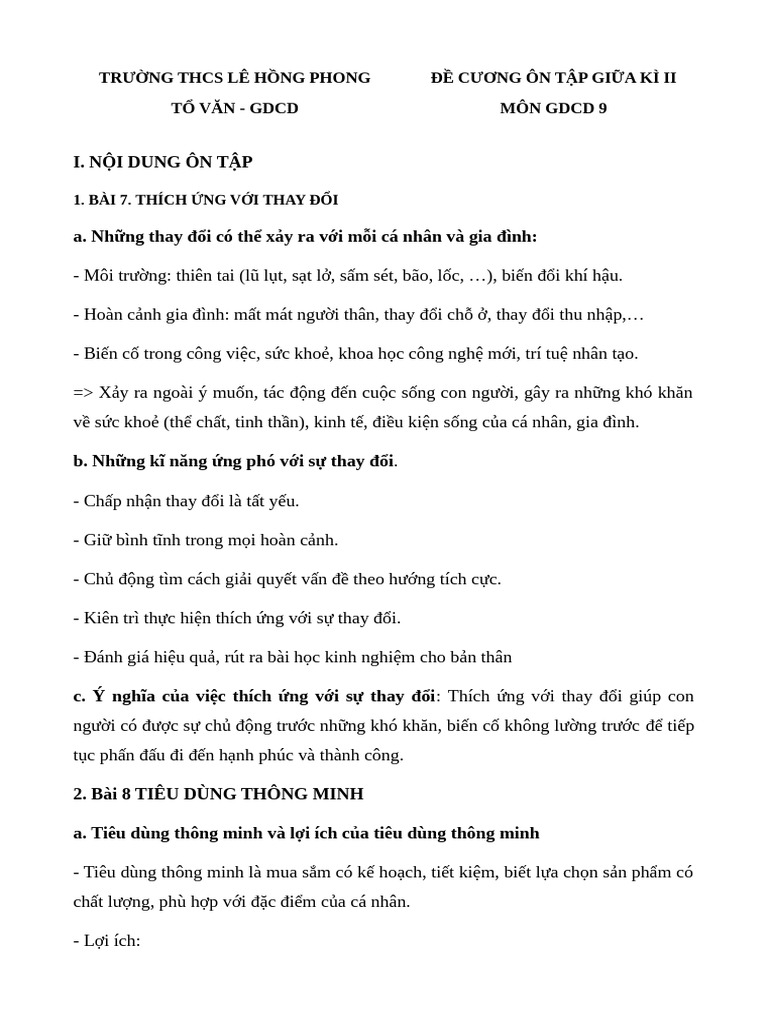 ĐỀ CƯƠNG GIỮA KÌ II GDCD 9 | PDF