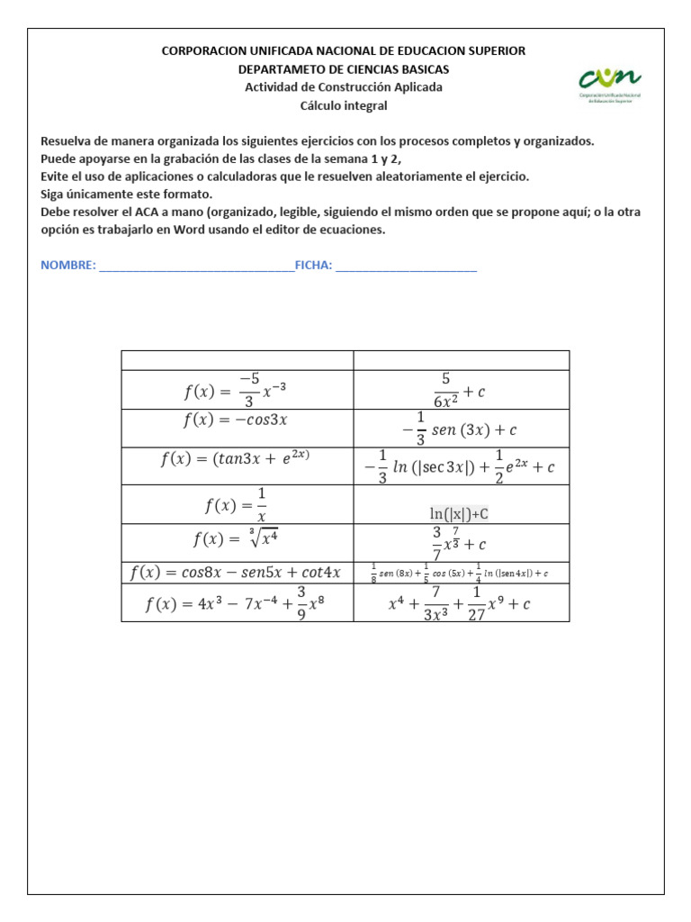 ACA 1 CALCULO INTEGRAL CUN 2023 | PDF | Integral | Matemáticas