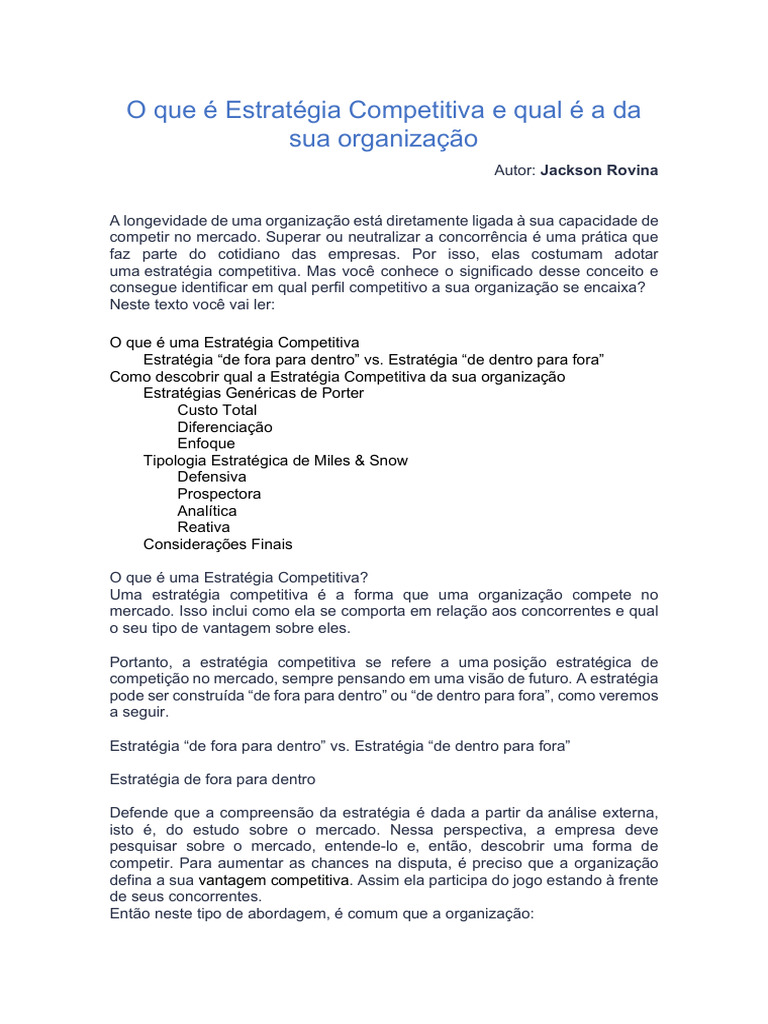 Texto Complementar 1 - Estrategia Competitiva | PDF | Custo | Vantagem competitiva