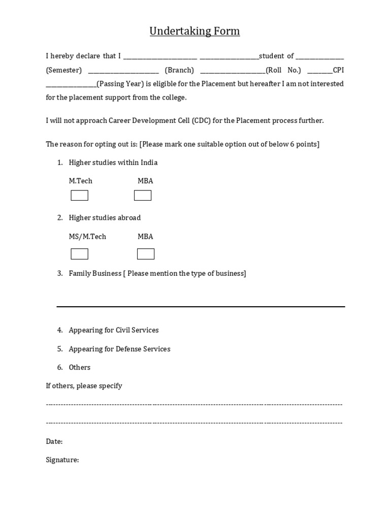 Student Placement Undertaking Form | PDF