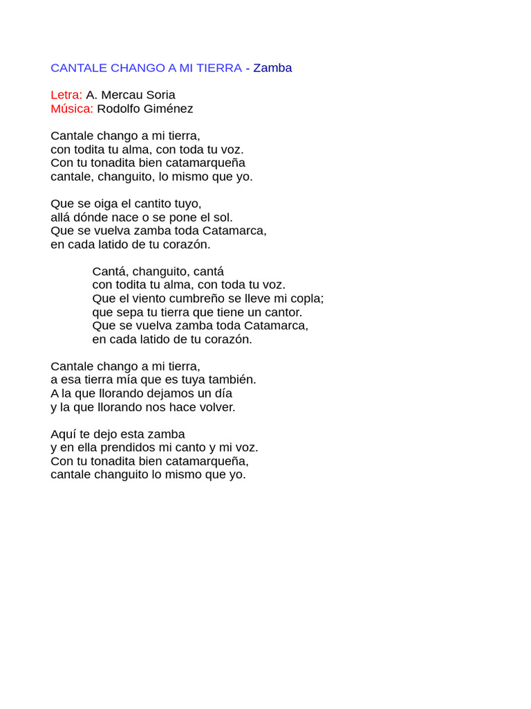 Cantale Chango A Mi Tierra | PDF