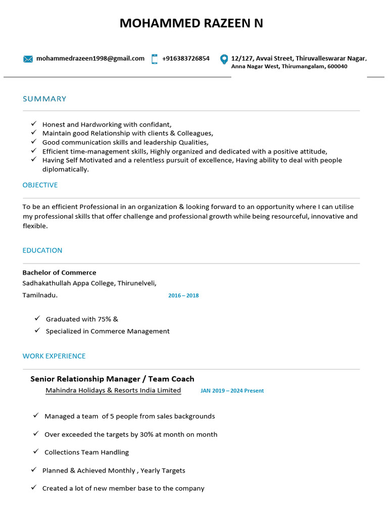 Mohammed Razeen N Original Resume | PDF | Business | Cognition