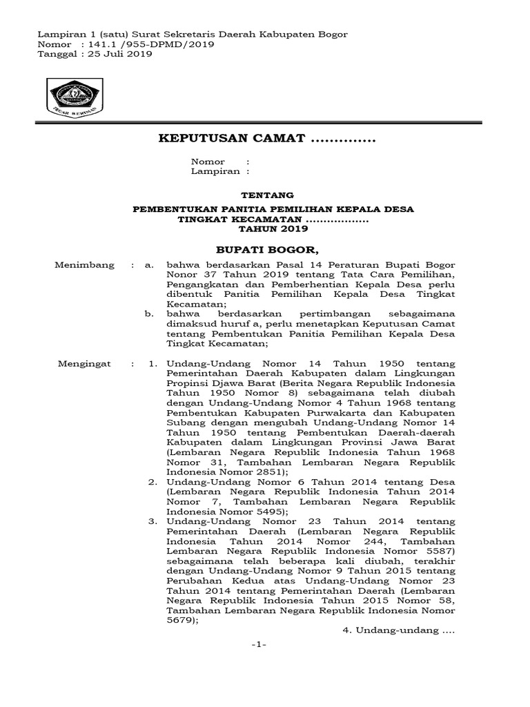 LAMPIRAN 1 CONTOH SK CAMAT TTG PEMBENTUKAN PANITIA | PDF