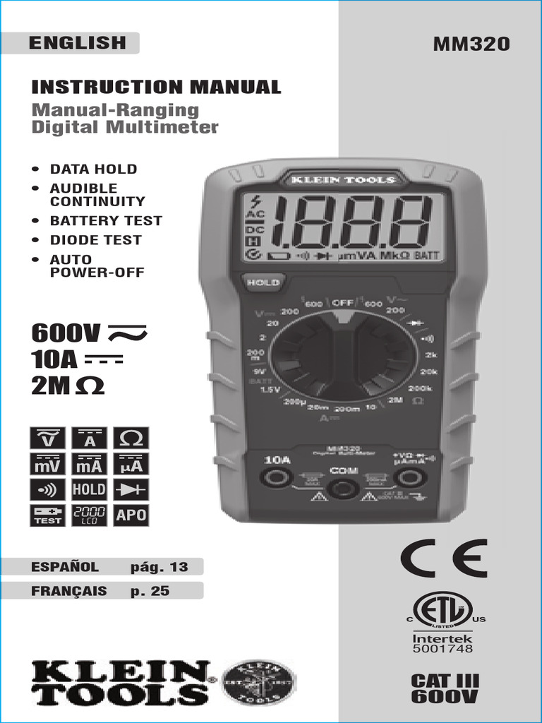 Manual - Klein Tools MM320 Manual Ranging Digital Multimeter | PDF ...