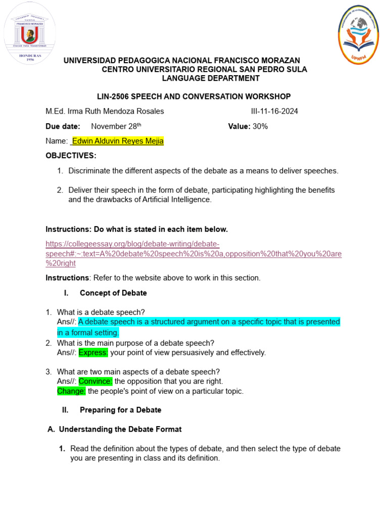 Debate Speech HW Edwin Alduvin Reyes Mejia | PDF | Virtual Reality | Artificial Intelligence