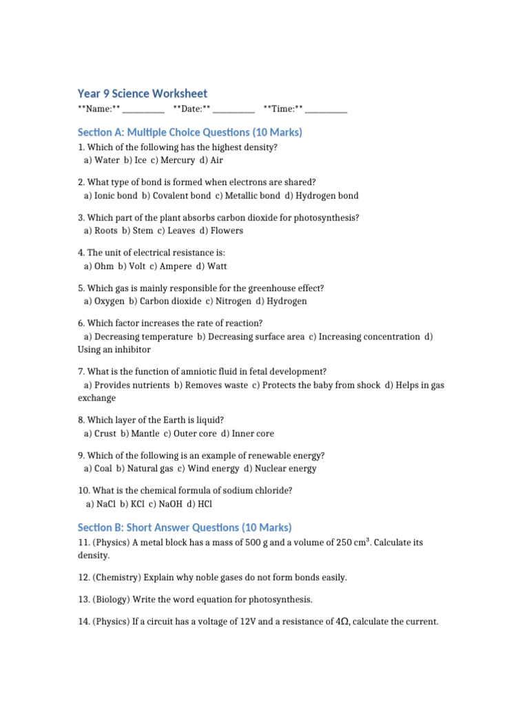 Year 9 Science Worksheet | PDF