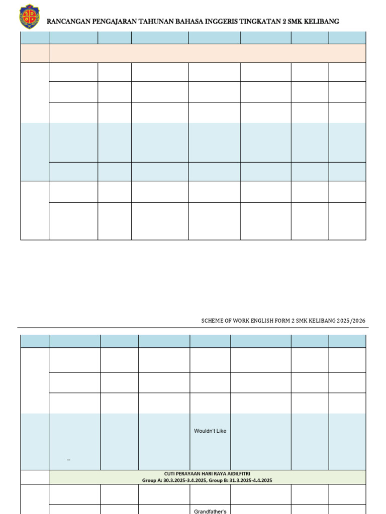 RPT English Form 2 2025-2026 | PDF | English Language | Grammar