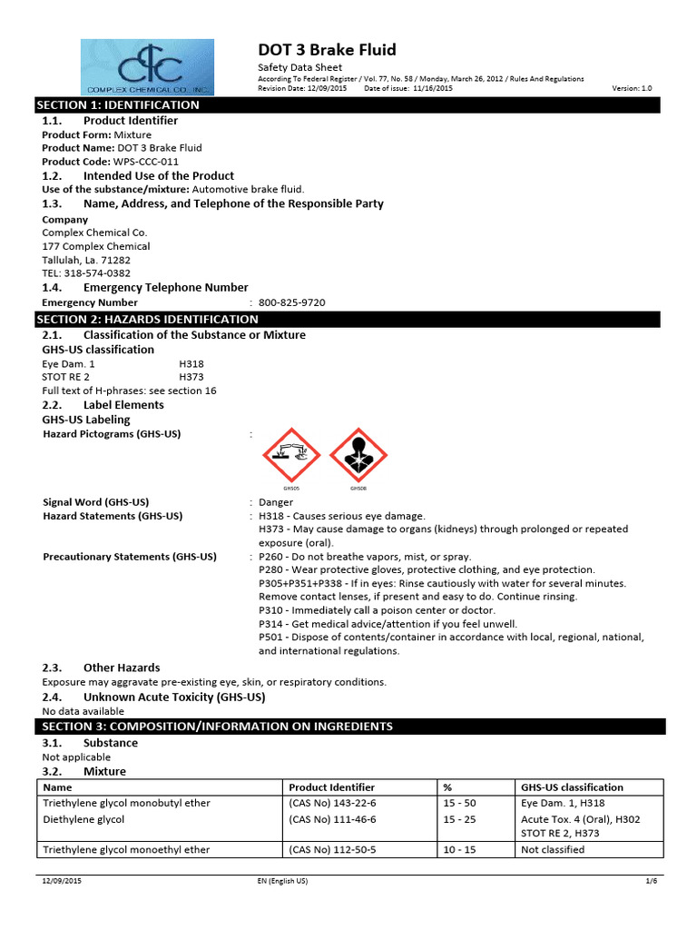 Dot 3 Brakefluid Sds 120915 Final(0) | PDF | Personal Protective ...