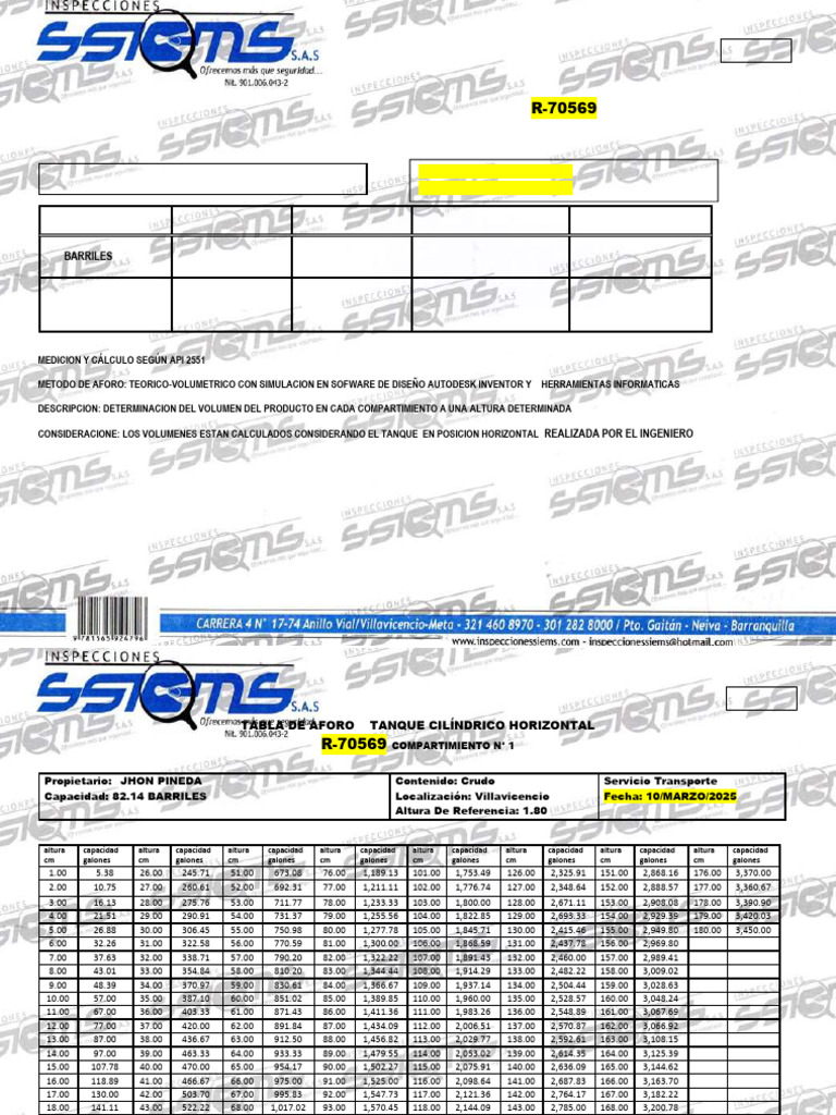 Tabla de Aforo - R-70569 | PDF | Volumen