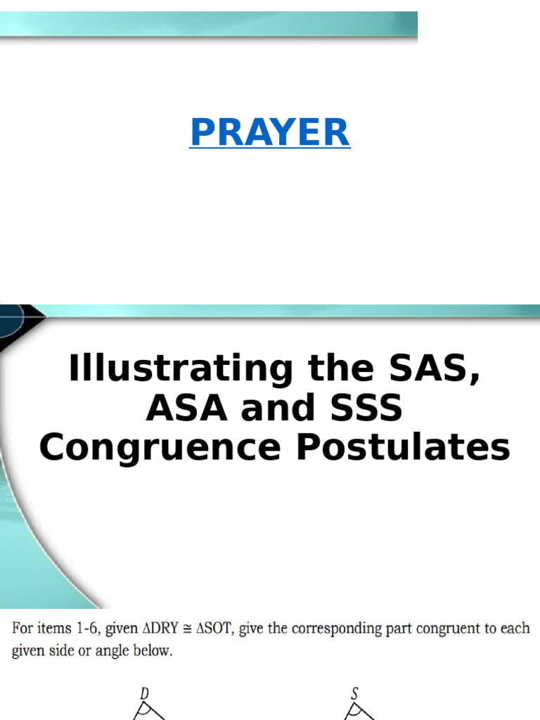 Illustrating SAS, ASA, SSS Congruence Postulate | PDF