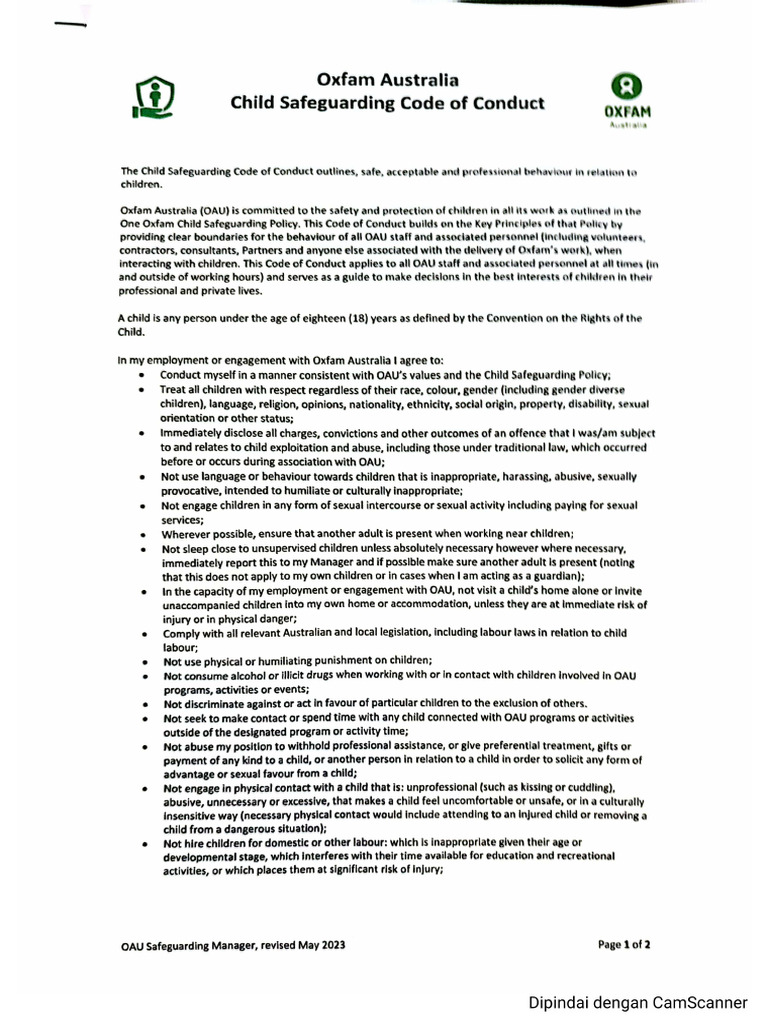 Oxfam Australia Child Safeguarding Code of Conduct | PDF