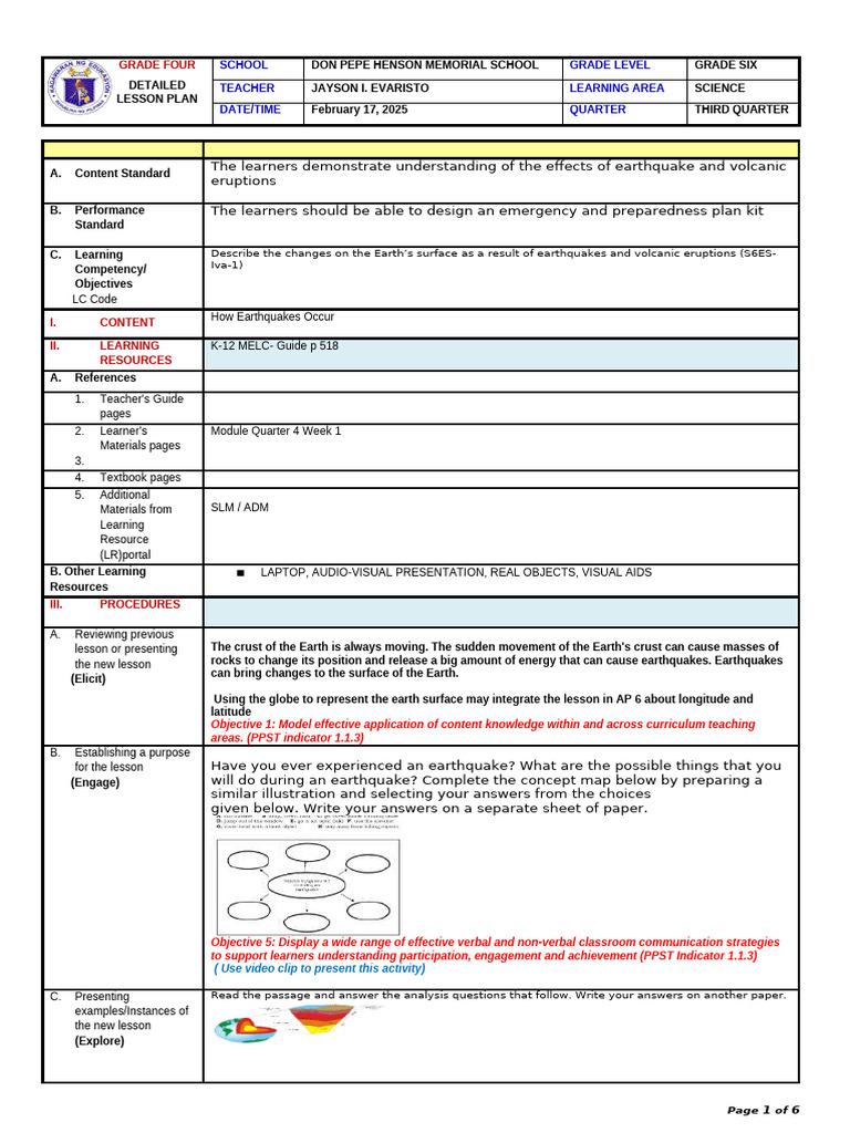 Sample DLL For Classroom Observation | PDF | Earthquakes | Volcano