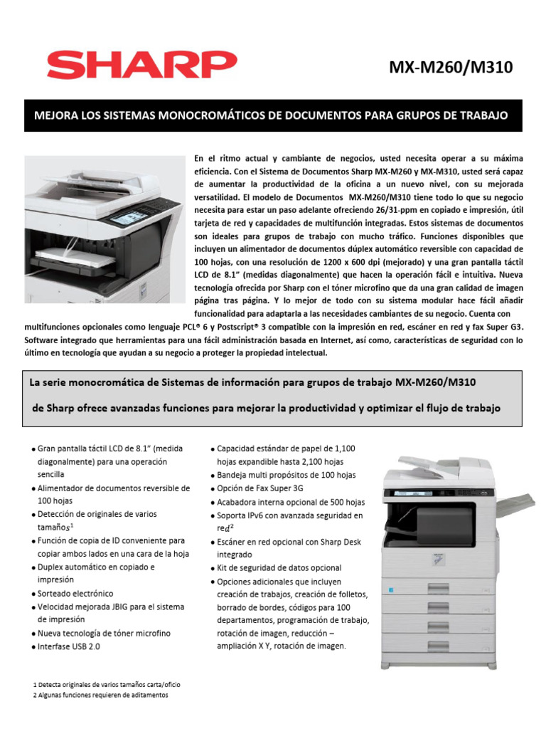 MX-M260/M310: Mejora Los Sistemas Monocromáticos de Documentos para Grupos de Trabajo | PDF ...