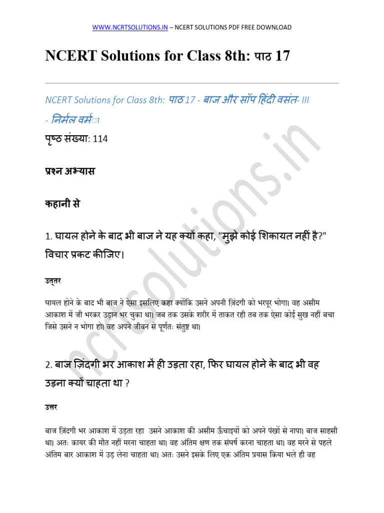 Ncert Solutions Class 8 Hindi Vasant Chapter 17 | PDF