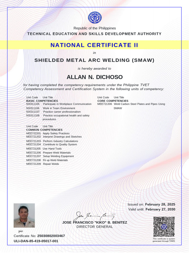 SMAW NC II Certificate for Allan Dichoso | PDF