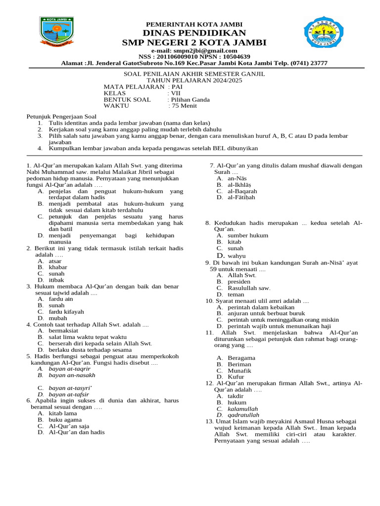 Soal Pai KLS Vii SMT 1 | PDF