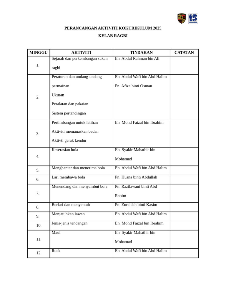 Perancangan Aktiviti Kelab Ragbi 2025 | PDF